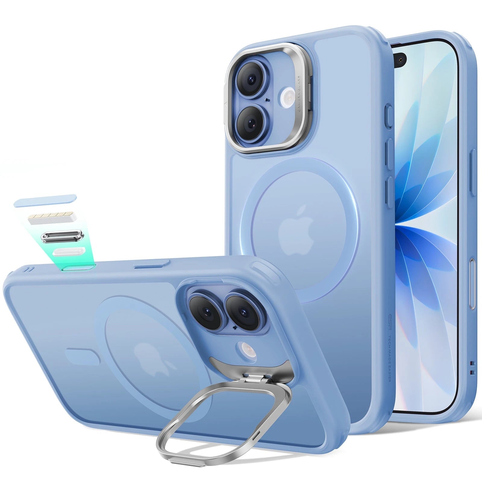 Frosted Light Blue iPhone 17 Hybrid Magsafe Phone Case with Stand | ESR